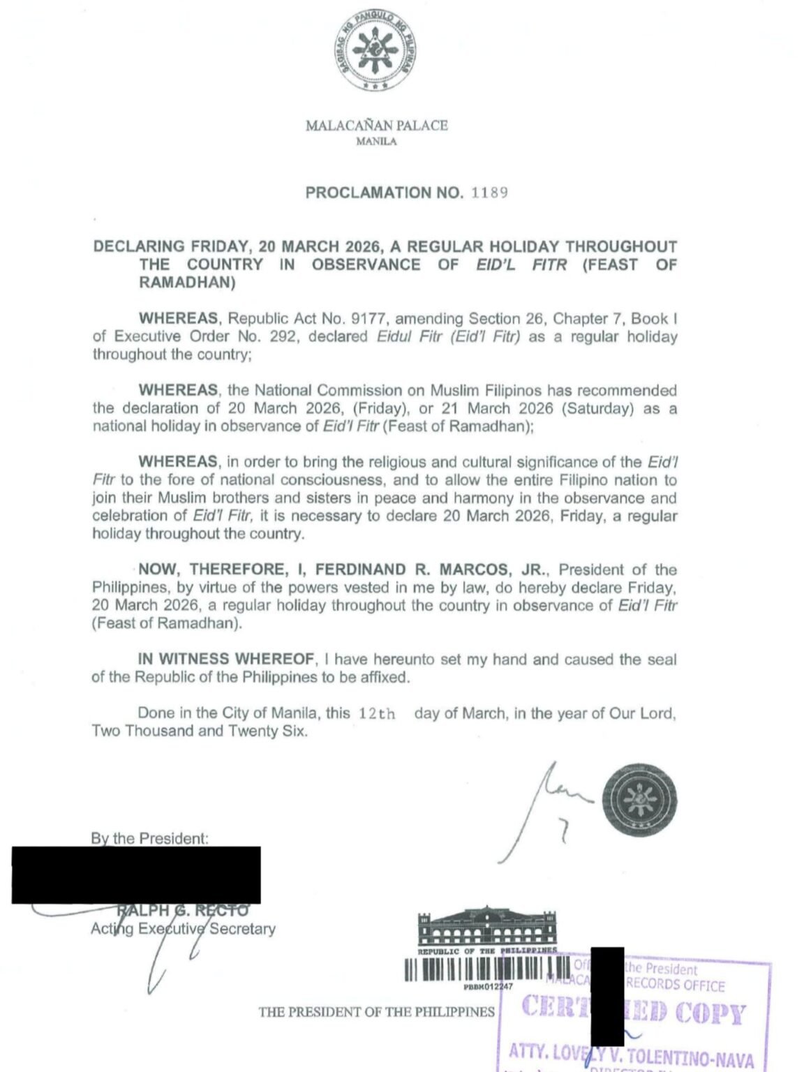 Eid Al-Fitr on March 20, 2026, is a Regular Holiday in the Philippines