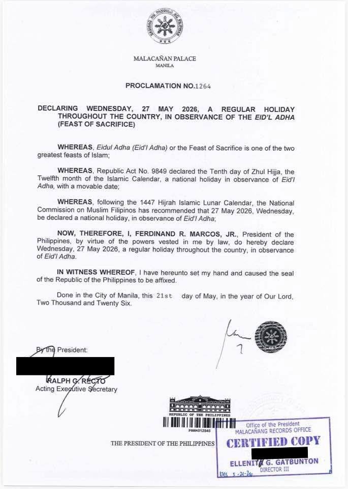 Eid Al-Adha May 27, 2026, is a regular holiday in the Philippines